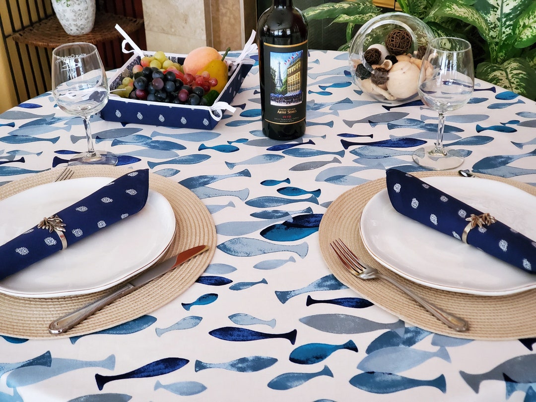OCEAN FISH BLUE Cotton Coated Rectangle Tablecloths - French Oilcloth ...