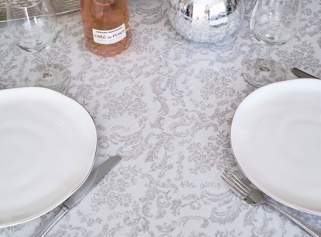 59" AMBOISE SILVER GRAY Round Oilcloth Cotton Coated Wipe off Cloth ...