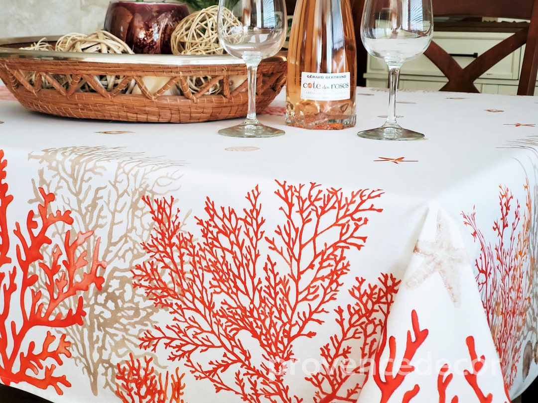 MEDITERRANEAN CORAL Cotton Coated Rectangle Tablecloths - French Oil ...
