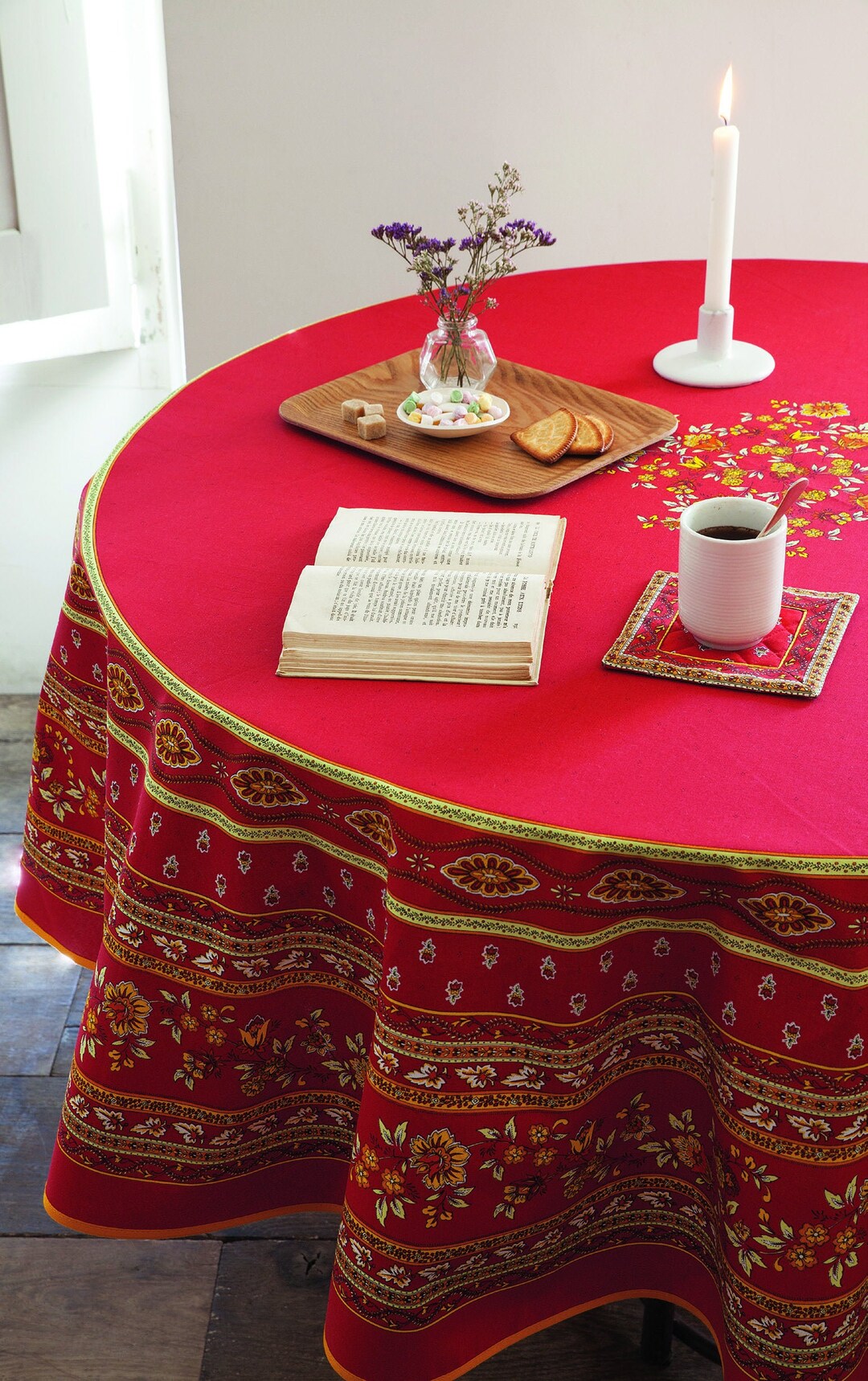 70in AVIGNON RED Round Printed Cotton Tablecloth French Country Marat ...