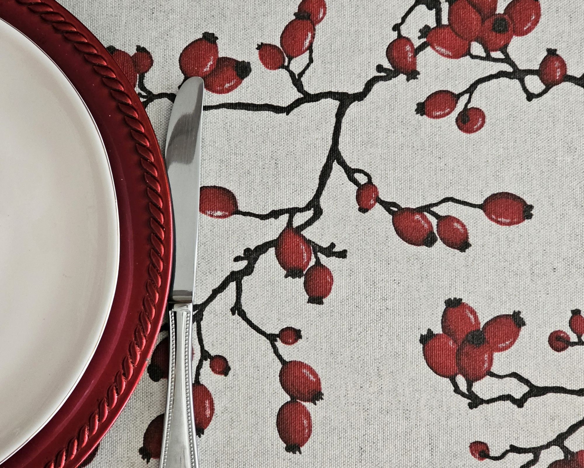 WINTERBERRY HOLLY Cotton Coated Rectangle Tablecloth - French Oilcloth ...