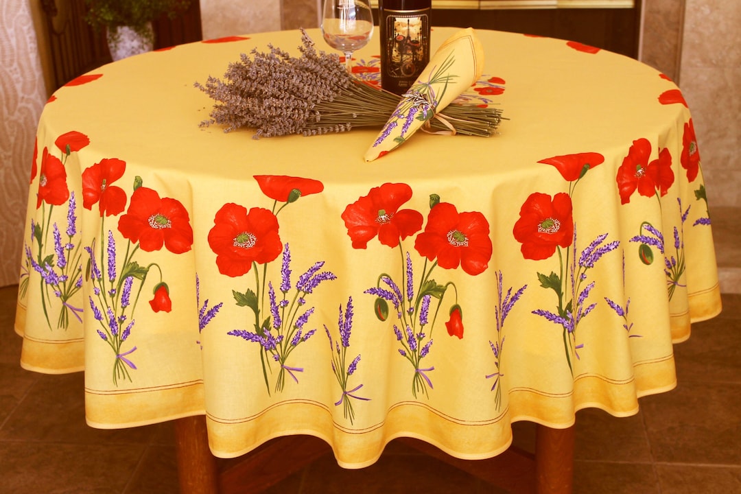 70" POPPY LAVENDER YELLOW Round Acrylic Coated Cotton Tablecloths ...