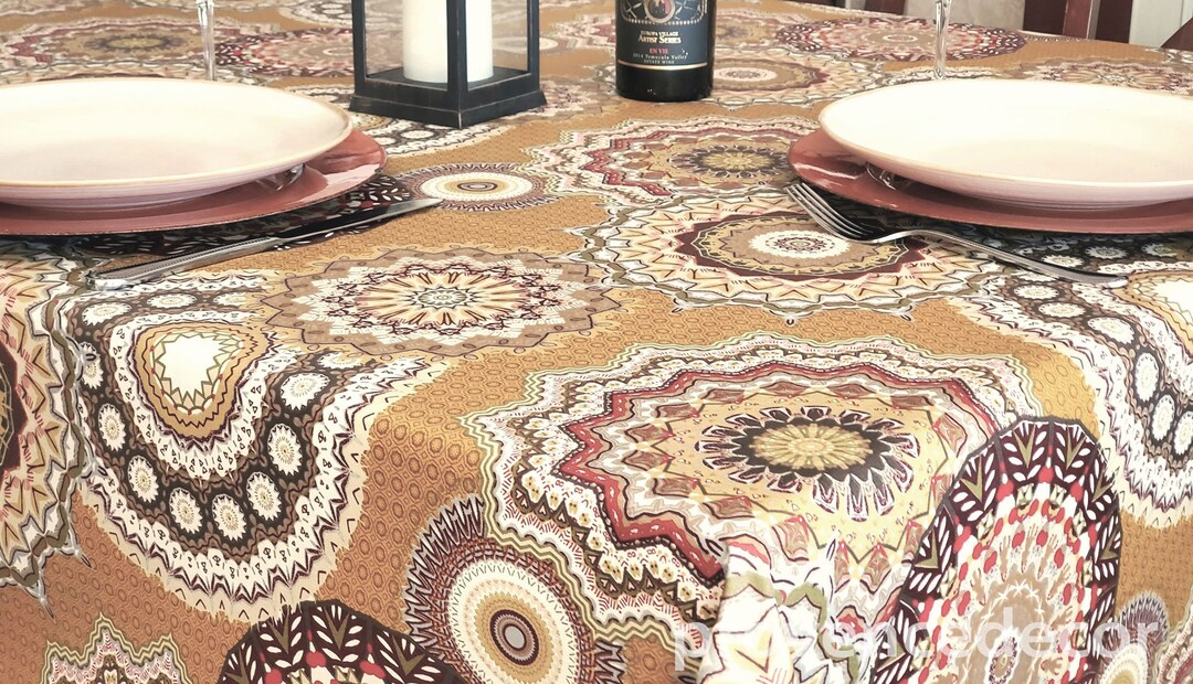 BOHEME RUST Rectangle French Coated Cotton Tablecloth Mandala Print ...