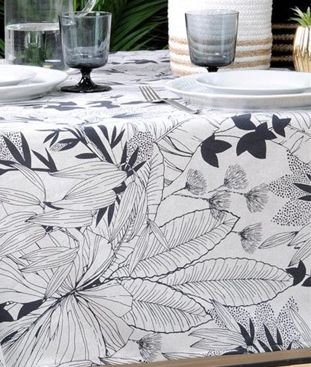 70" LUSH BLACK GRAY Modern Cotton Coated Tablecloths - French Oilcloth ...