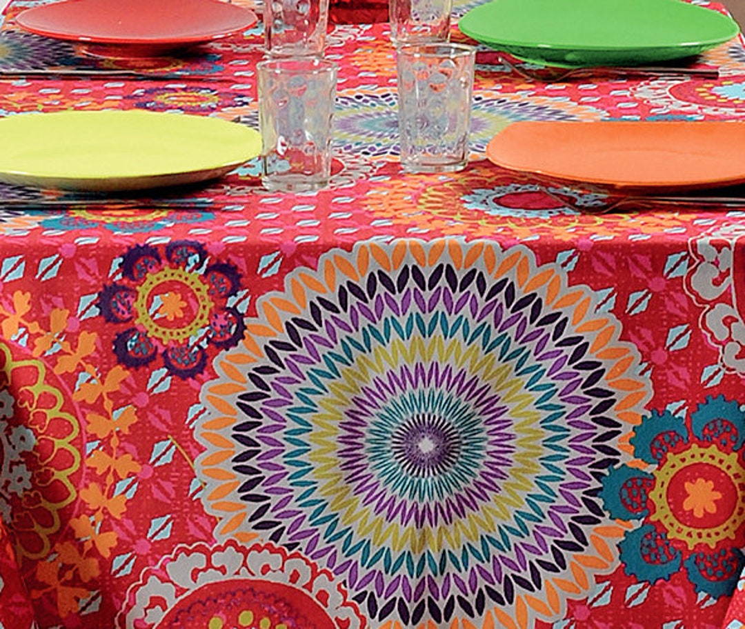 60" PARTY TIME RED Round Cotton Coated Table Cloths - French Oilcloth ...