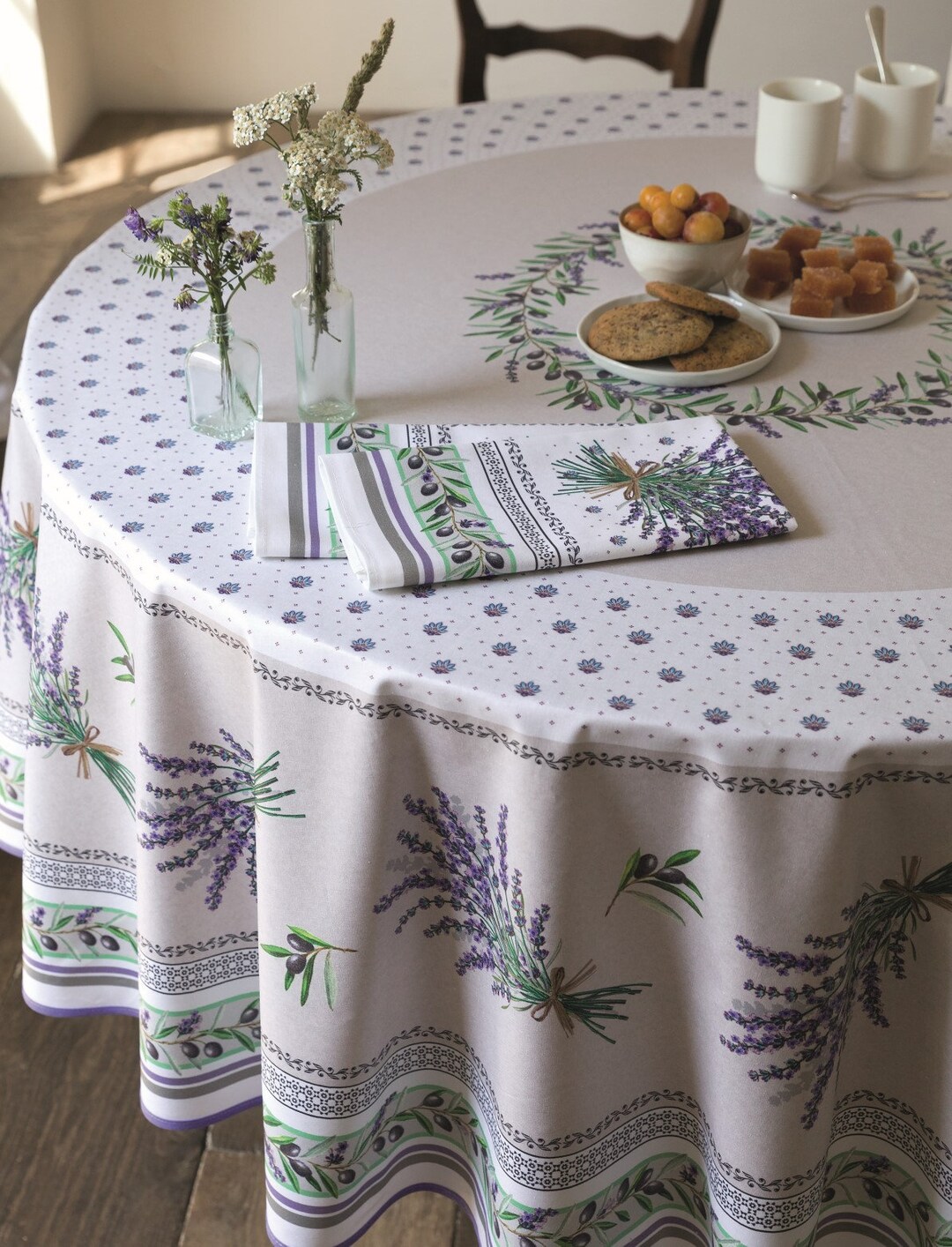 70in PROVENCE LAVENDER NATURAL Round Printed Cotton Tablecloths French ...