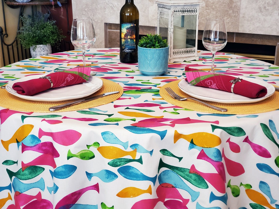 60" OCEAN FISH RAINBOW Round Cotton Coated Tablecloths - French Oil ...