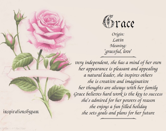 Grace First Name Meaning Art Print-name Meaning Art-8x10 Art Print-personalized-pink Rose-home ...