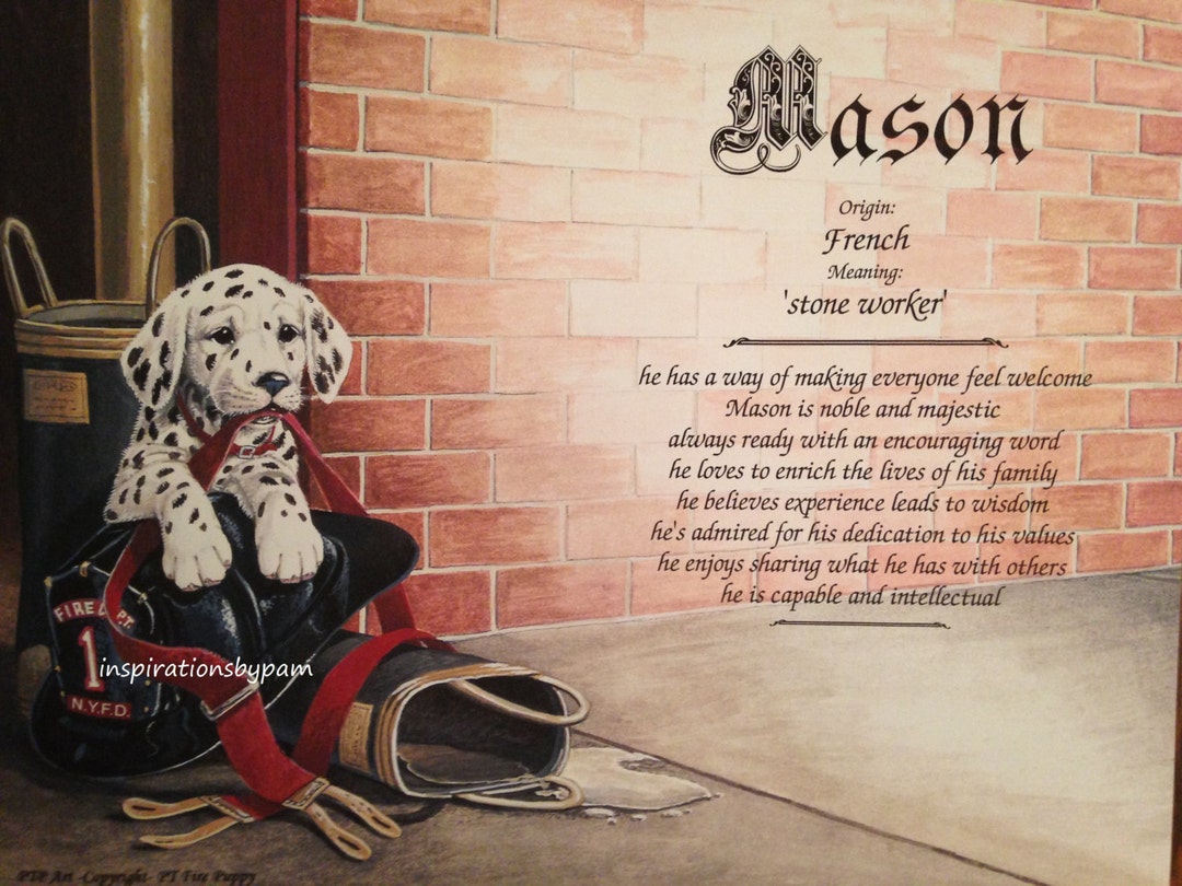 Mason First Name Meaning Art Print-name Meaning-personalized-fire Puppy ...