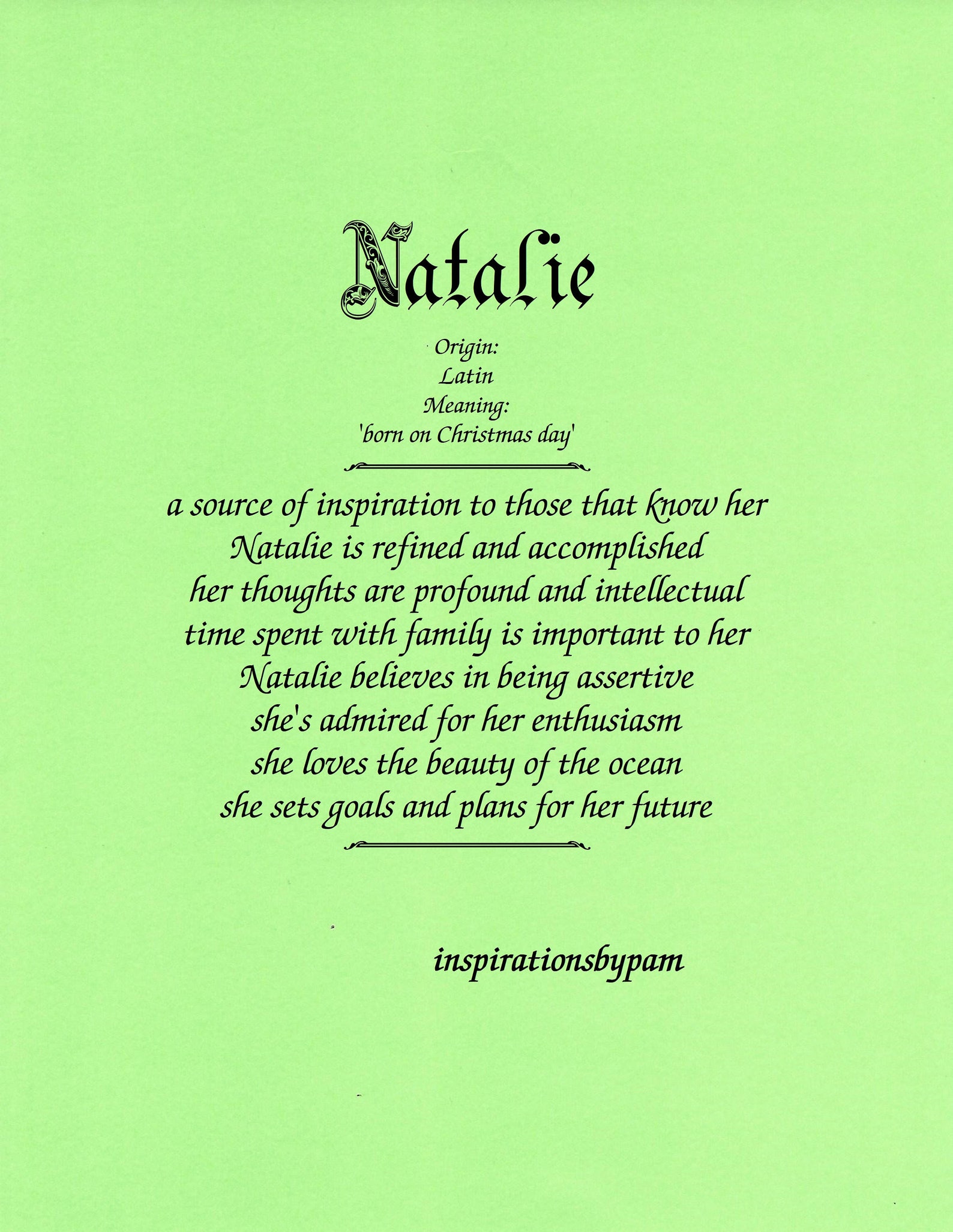 Natalie First Name Meaning Art Print Personalized Any Name Name Meaning T 8x10 Green Art