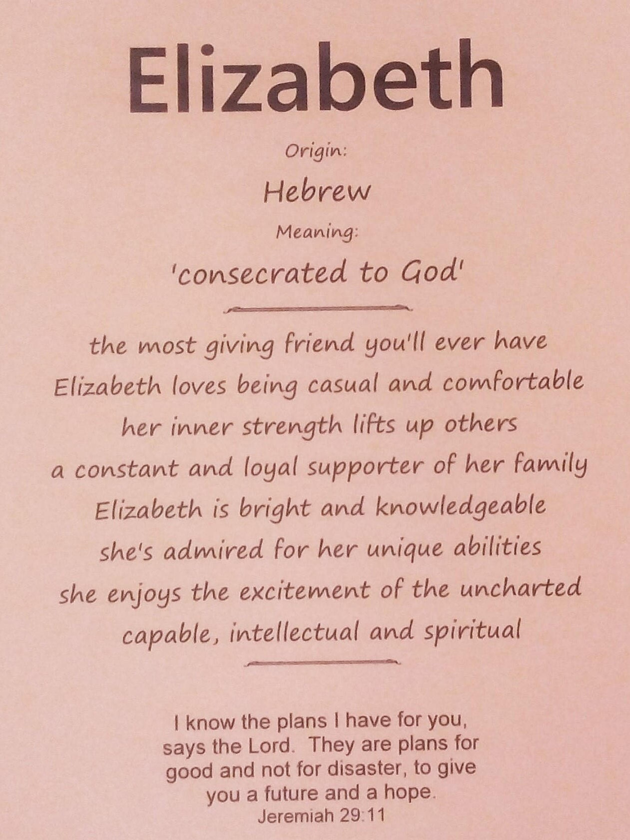 Elizabeth Personalized First Name Meaning Art Print With Scripture-name ...