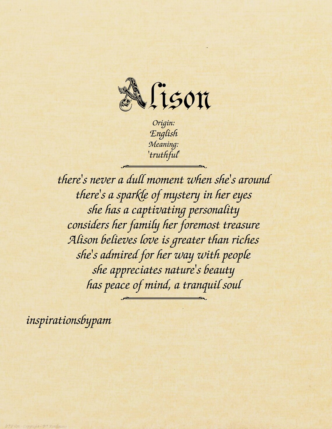 Alison First Name Meaning Art Print-any Name Meaning Print-parchment ...