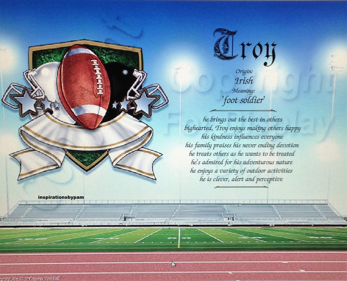 Troy First Name Meaning Art Print-name Meaning Art-football Art-sports ...