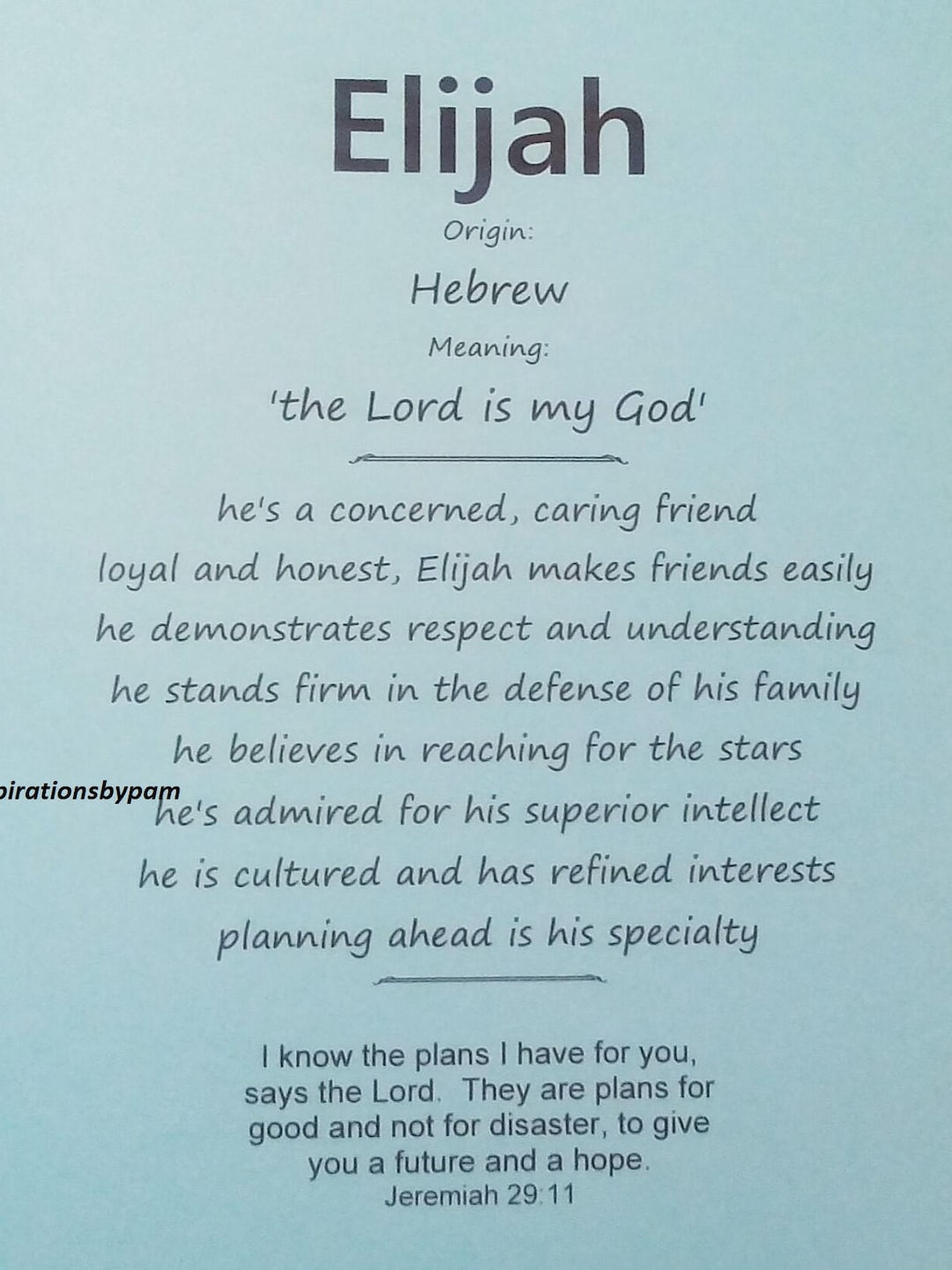 Elijah First Name Meaning Art Print-scripture Verse Art-jeremiah 29:11 ...