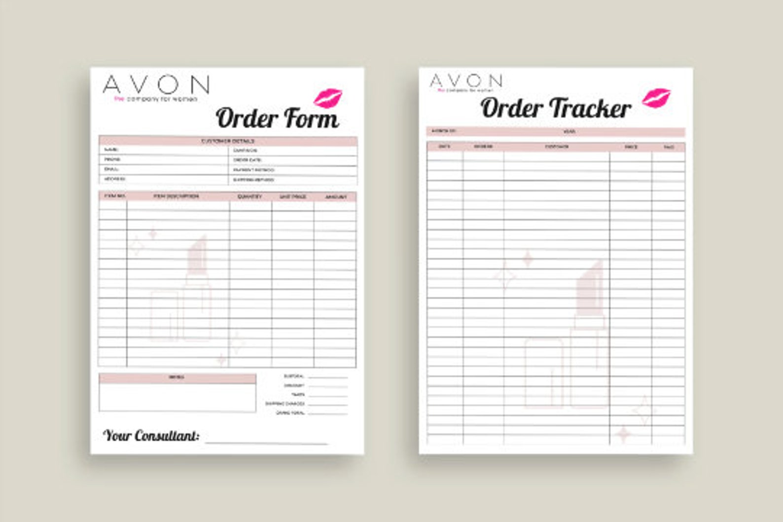 AVON Pink Order Form + Order Tracker Template , AVON Printable Order ...