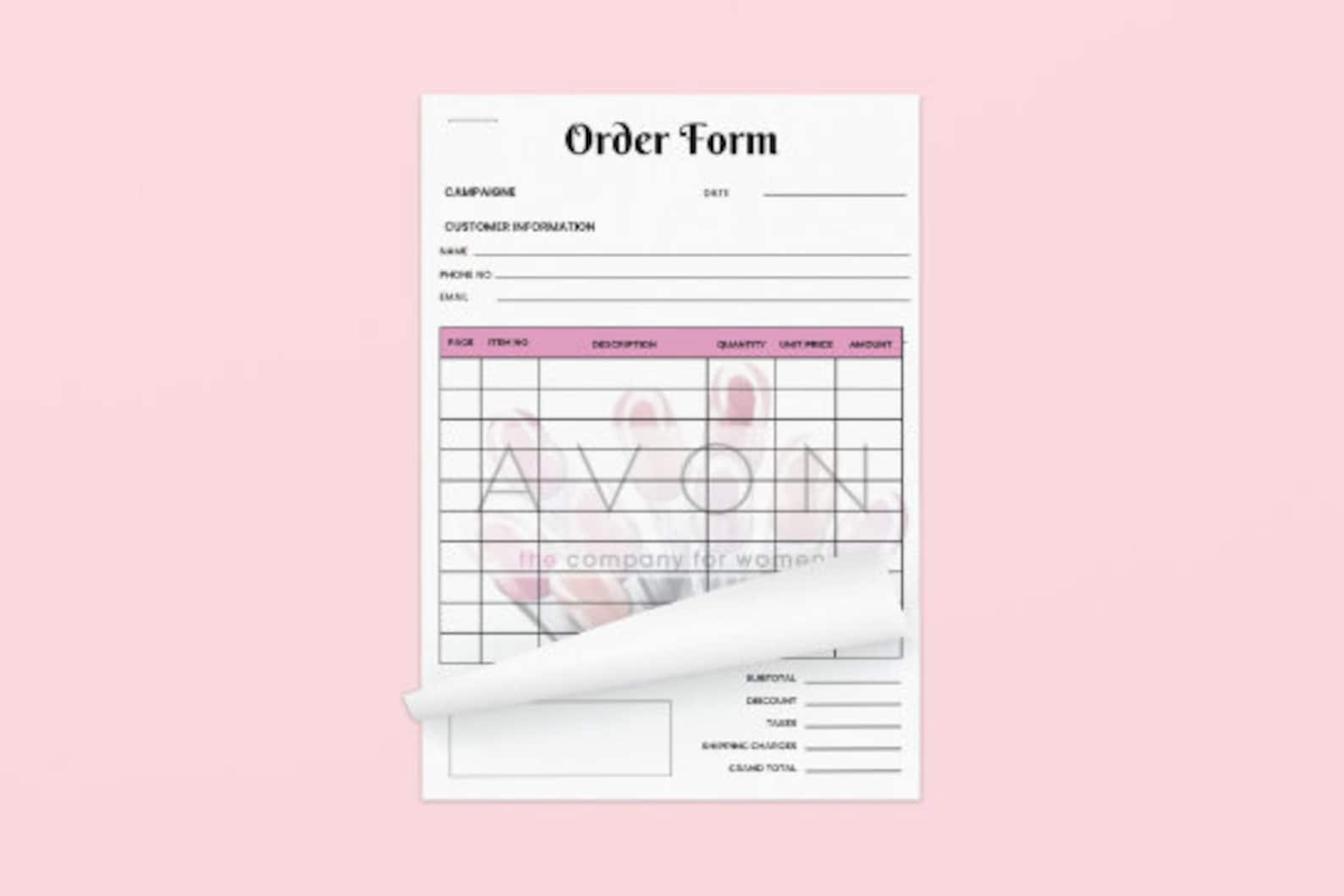 AVON Pink Order Form + Order Tracker Template , AVON Printable Order ...