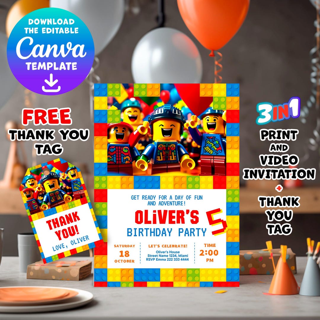 Building Blocks Birthday Invitation: Customizable Building Bricks ...