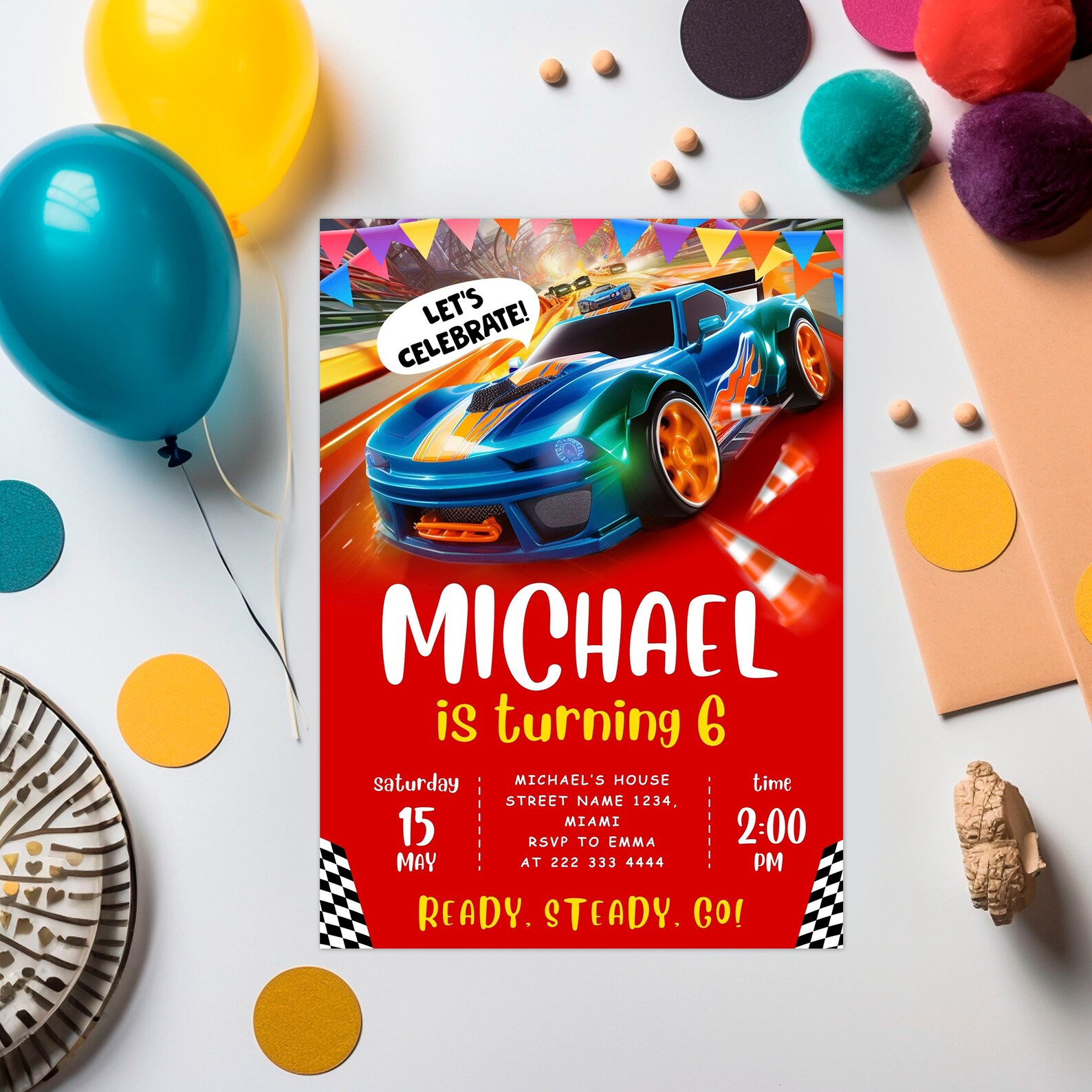 Hot Cars Invitation, Race Cars Invitation, Race Car Birthday Party, Car ...