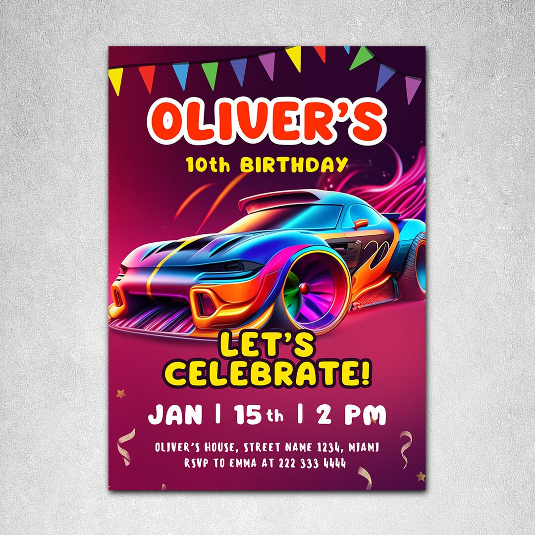 Hot Cars Invitation, Race Cars Invitation, Race Car Birthday Party, Car ...