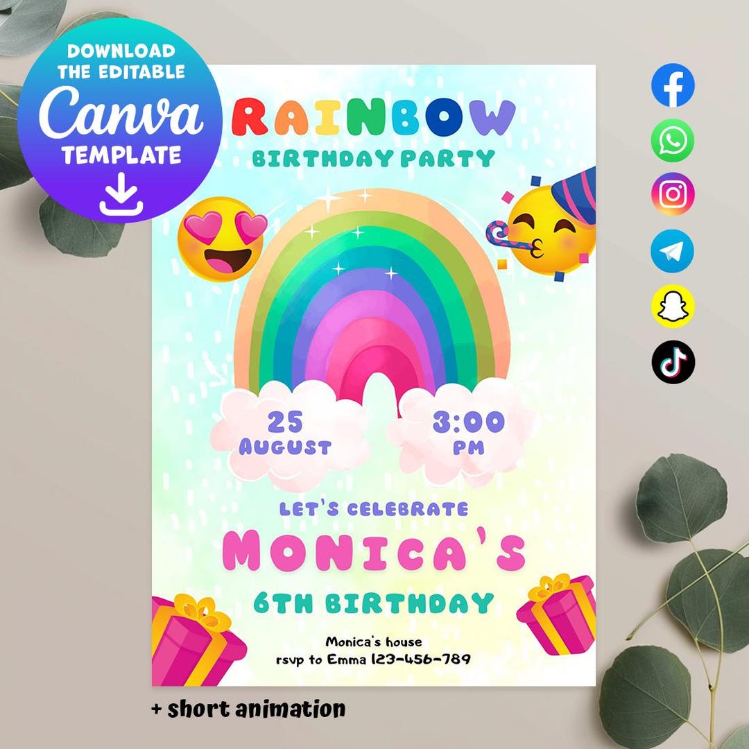 Colorful Rainbow Birthday Invitation, Customizable Kids Party Invite ...