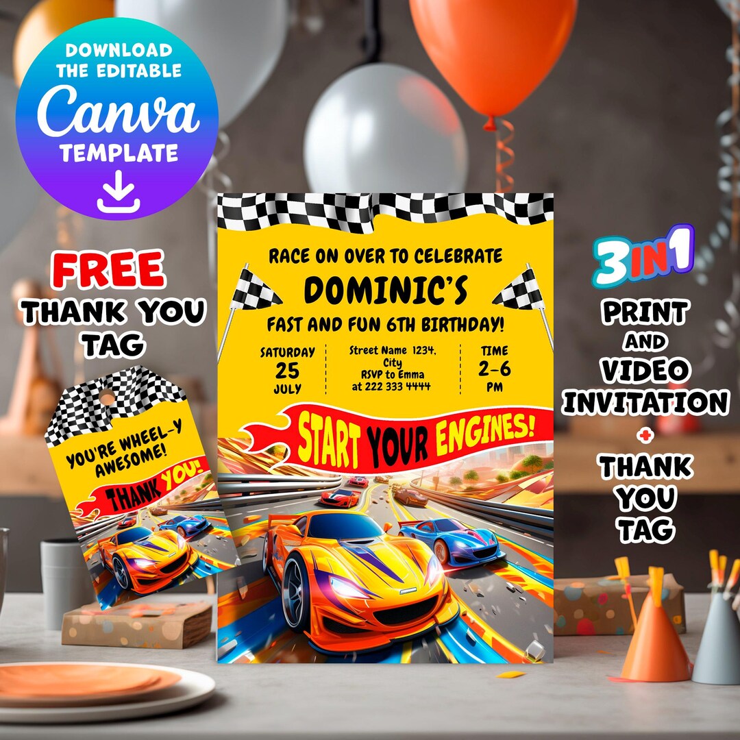 Race Car Birthday Invitation: Hot Wheels Party (digital Art Template ...