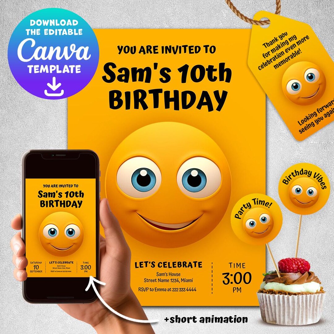 Editable Smiley Face Birthday Invitation Bundle Emoji Party Invite Pack ...