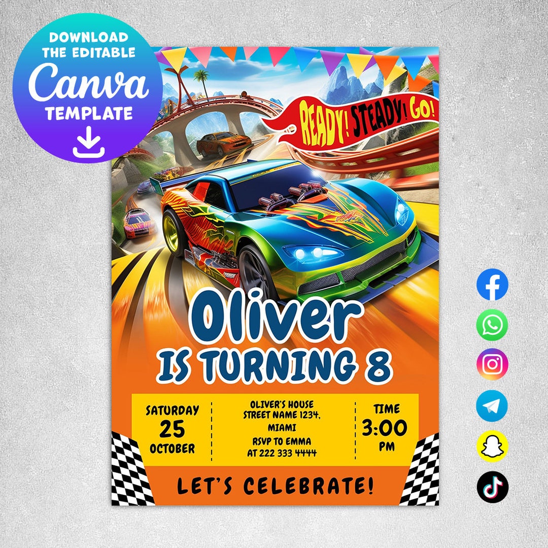 Hot Cars Invitation, Race Cars Invitation, Race Car Birthday Party, Car ...