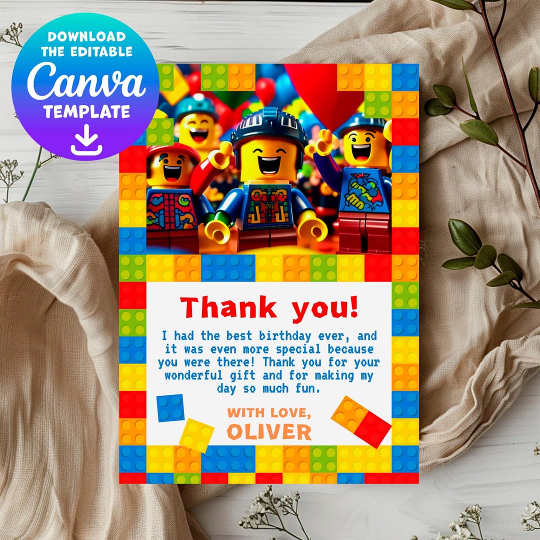 Building Blocks Thank You Card, Fun Construction Design for Birthday ...