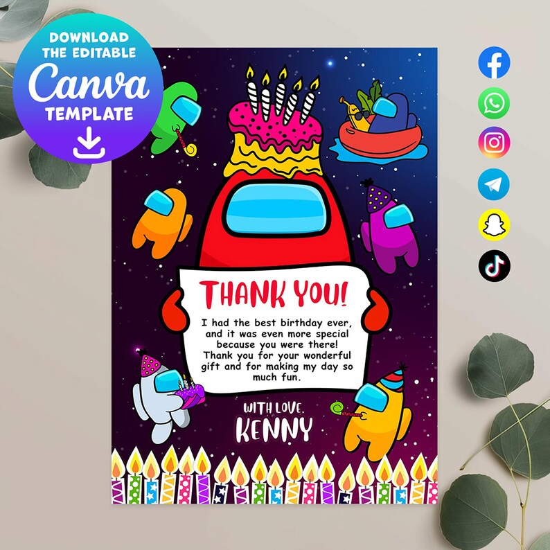 Among Us Birthday Thank You Card: Space Adventure Canva Template ...