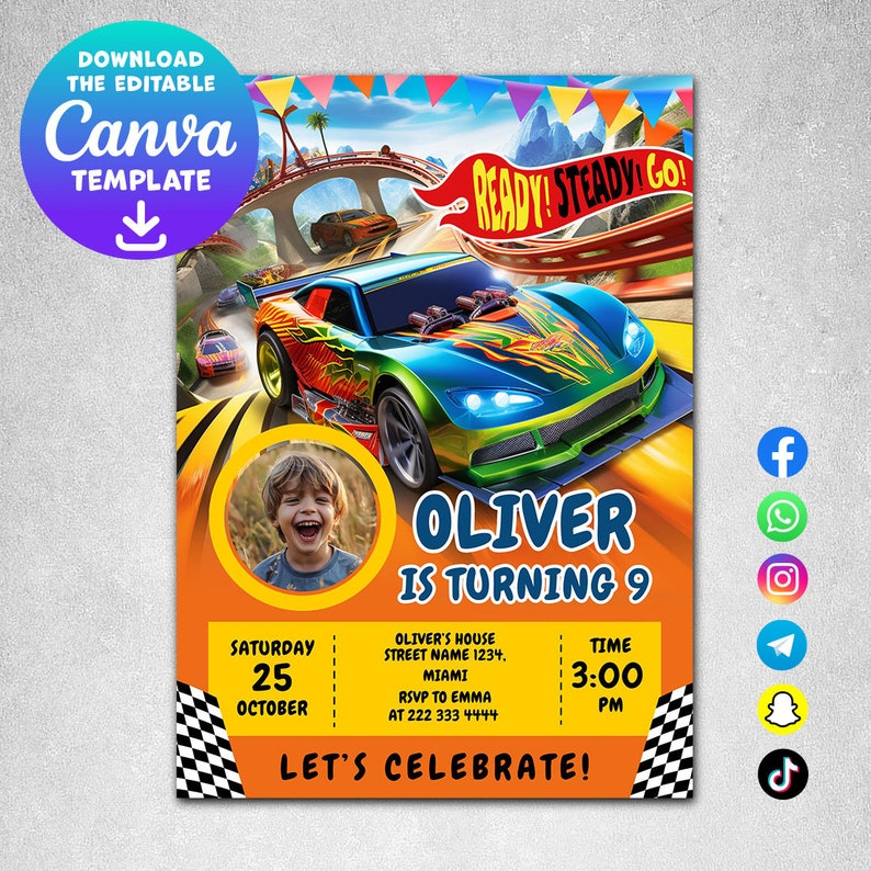 Hot Cars Invitation, Race Cars Invitation, Race Car Birthday Party, Car ...