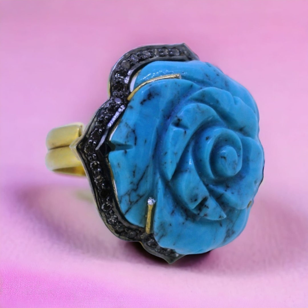 Silver Hand Carved Turquoise Flower Ring, Floral Turquoise Ring ...