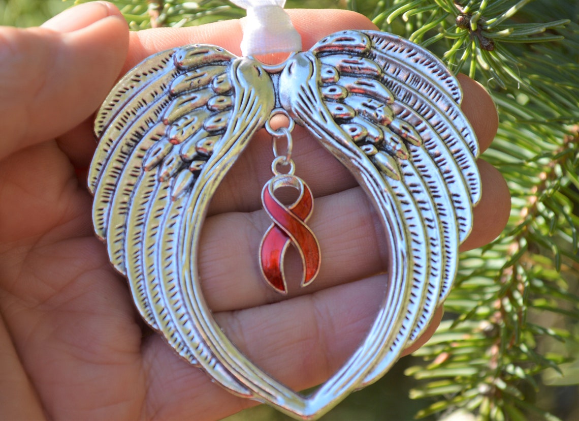 Red Awareness Ribbon Silver Angel Wings Memorial Ornament or - Etsy