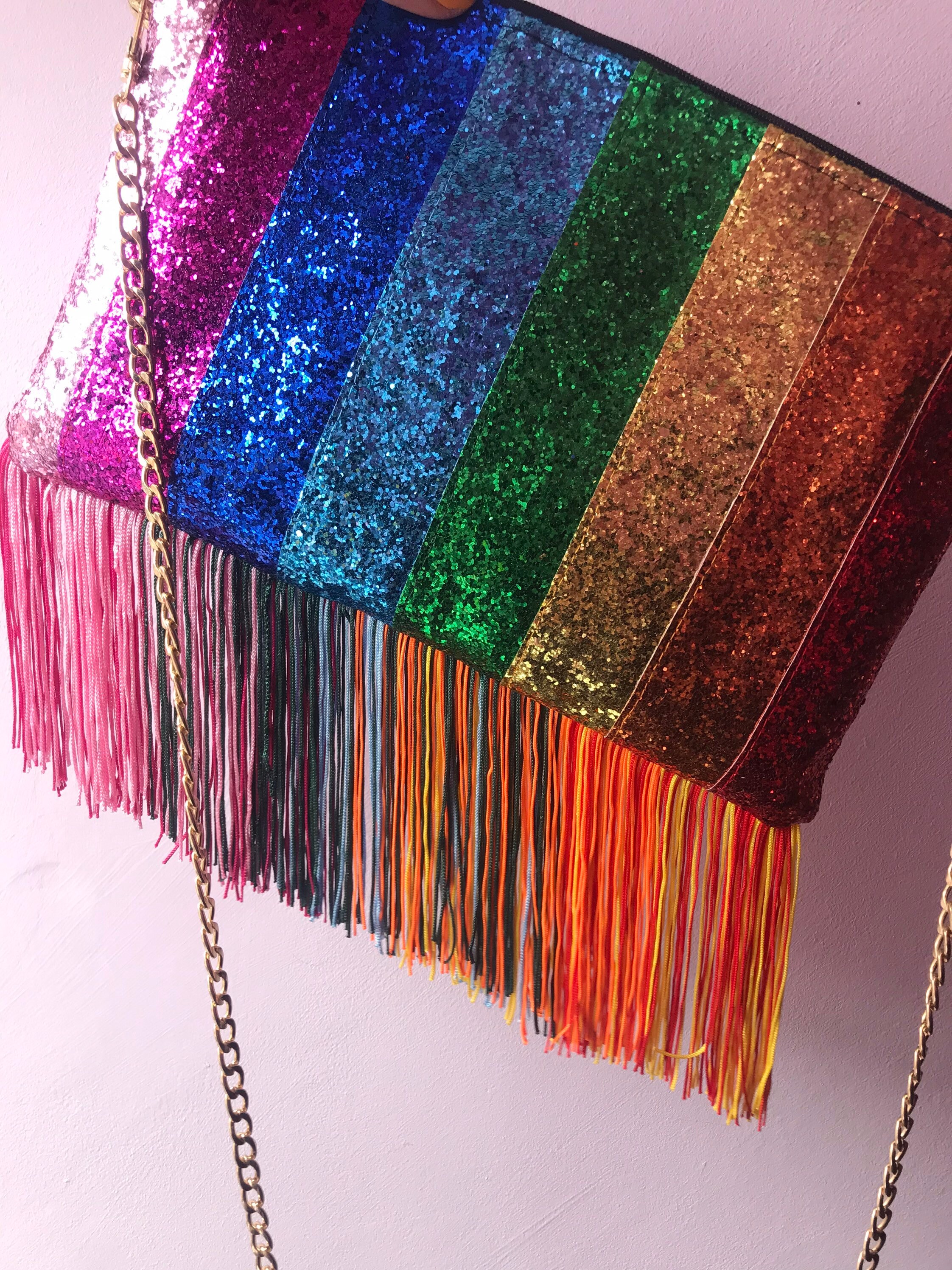 Custom Made Rainbow Glitter Bag With Tassels - Etsy
