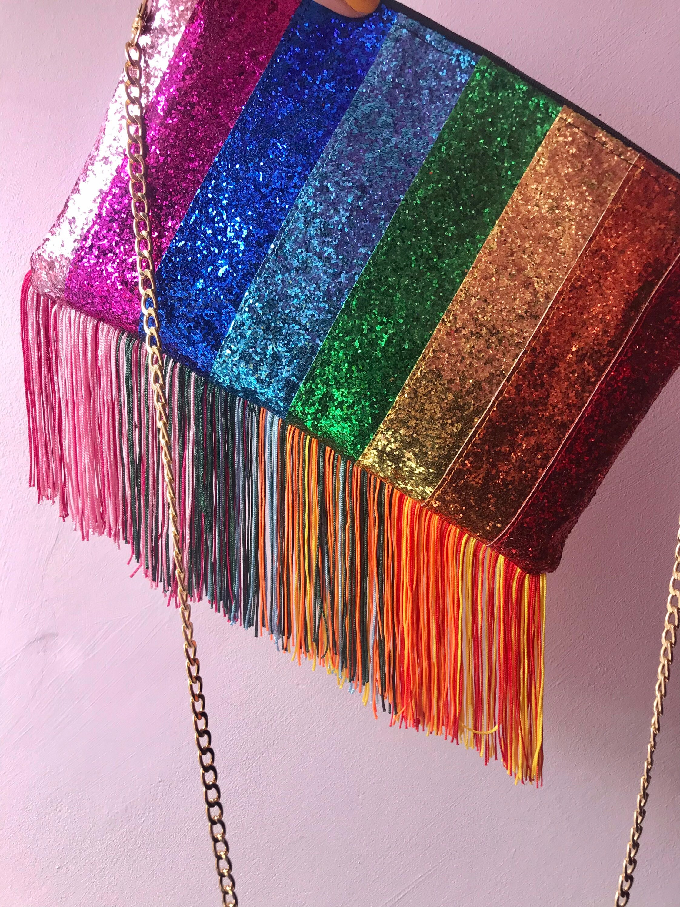 Custom Made Rainbow Glitter Bag With Tassels - Etsy