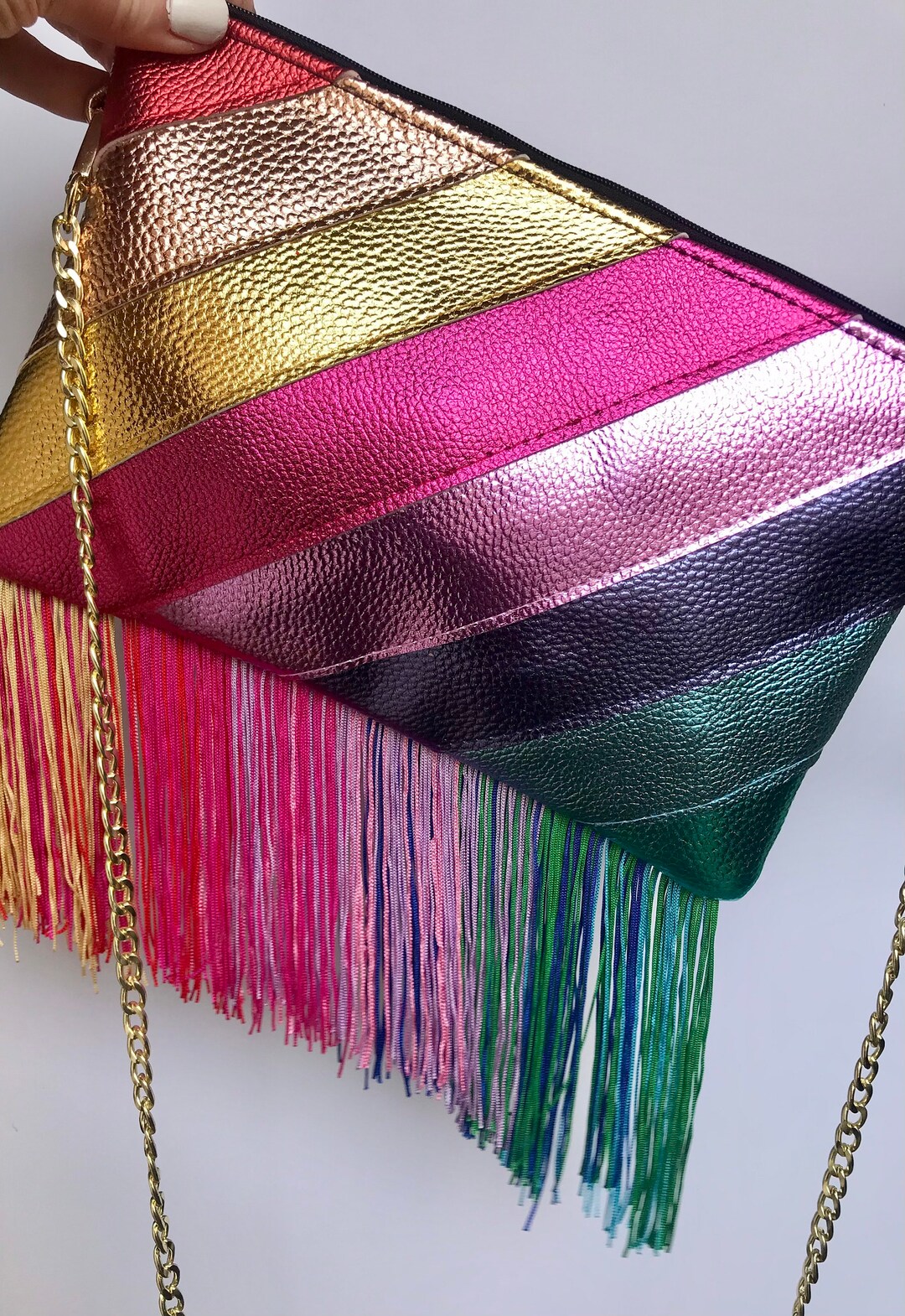 Rainbow Fringe Bag in Metallic Faux Leather - Etsy