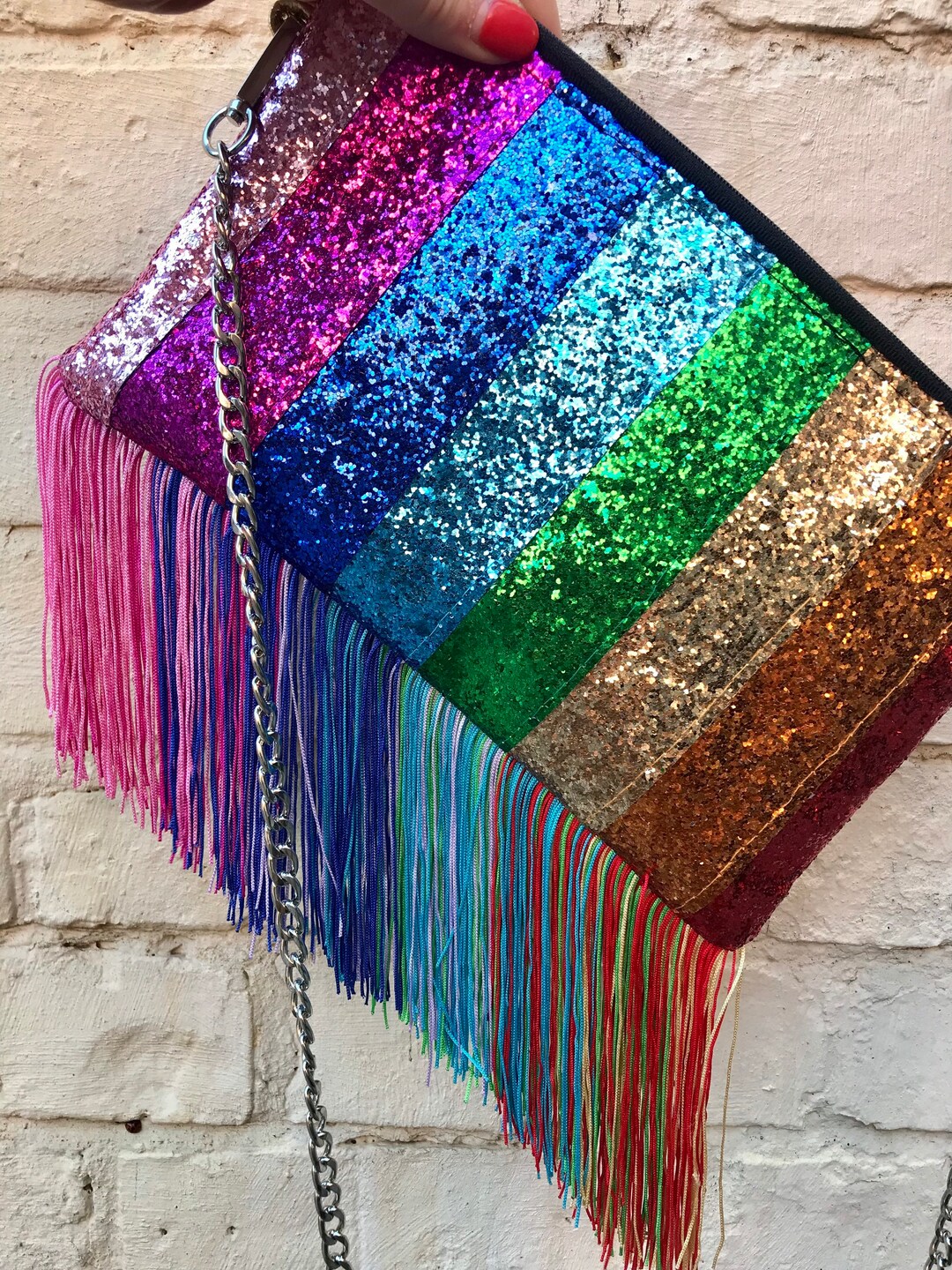 Custom Made Rainbow Glitter Bag With Tassels - Etsy