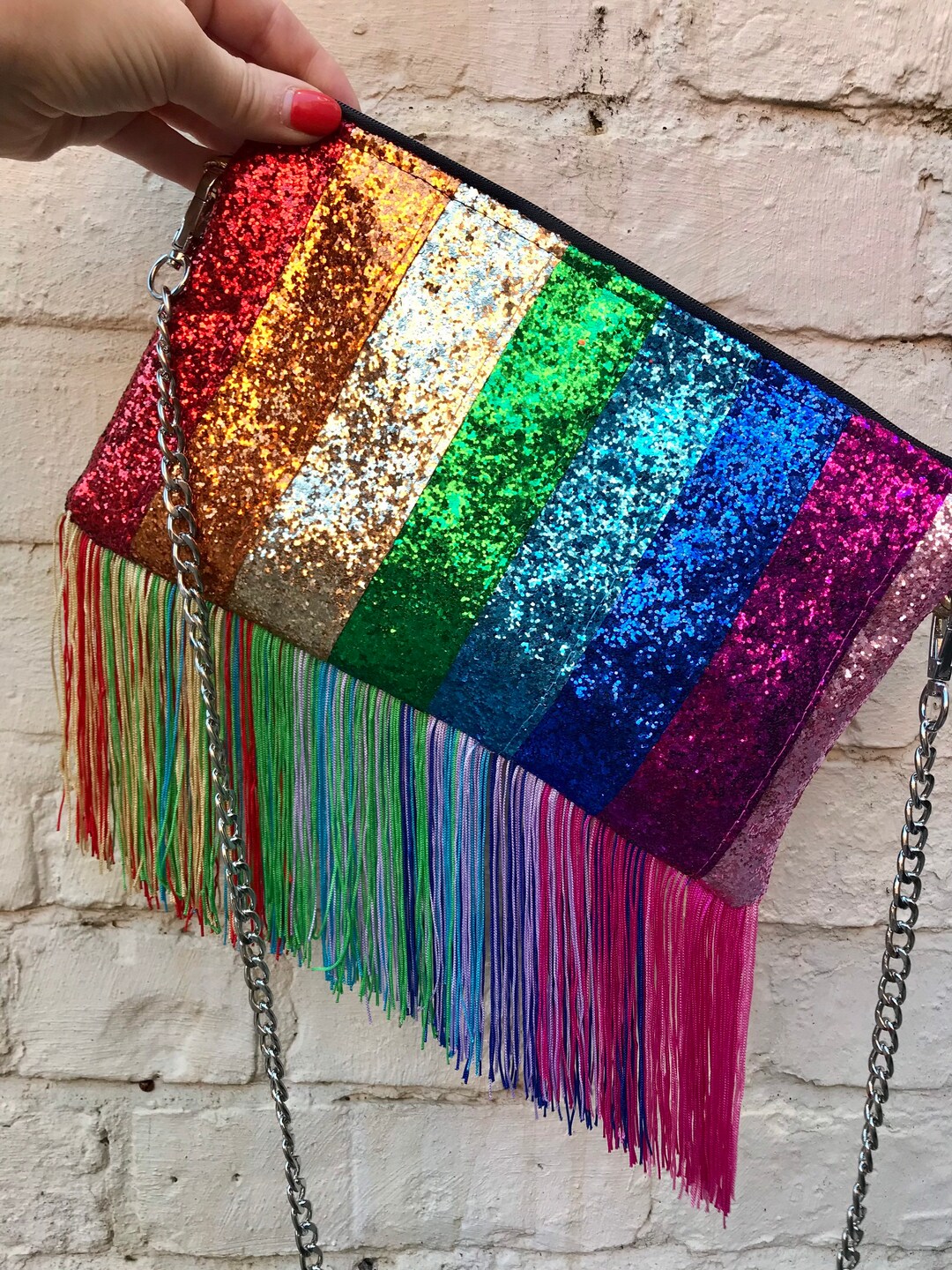 Custom Made Rainbow Glitter Bag With Tassels - Etsy