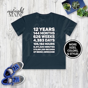 Cool 12th Birthday 12 Year Old Shirt Gift, 12 Years Awesome T-shirt Tee ...
