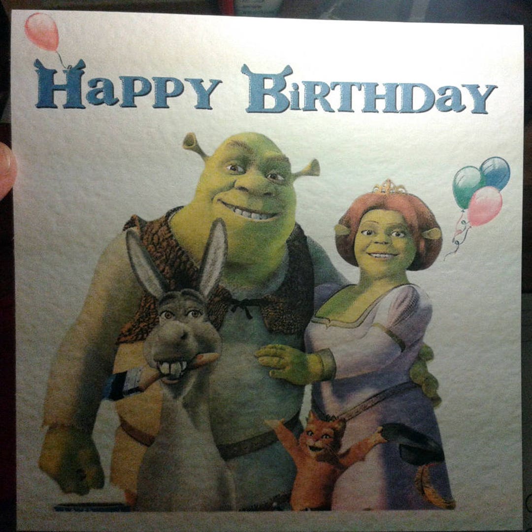 UPDATED! Handmade Shrek Birthday Card - Shrek, Donkey, Fiona, Puss in ...