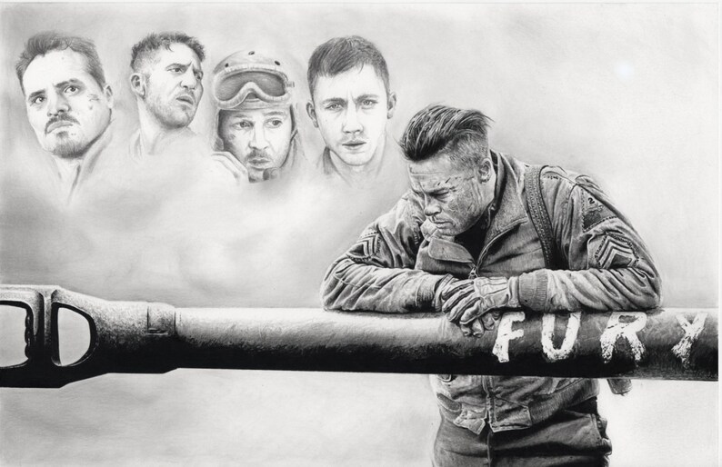 Fury Crew Shia Tank Movie Pencil Drawing War Brad Pitt Print Art ...