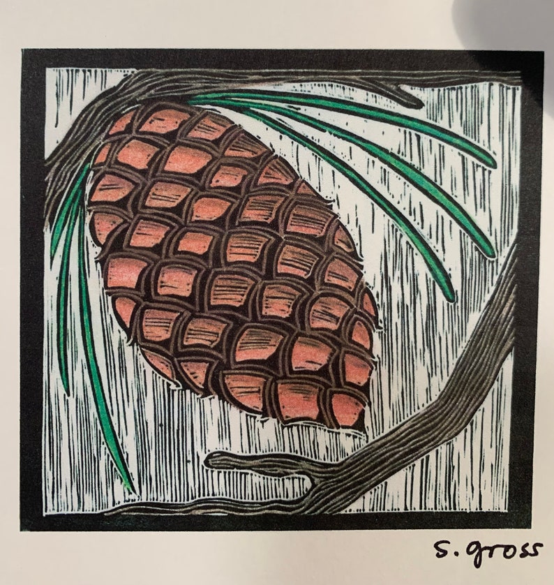 Notecard Pine Cone Blank Cards Block Printmaking Cards Artist Made ...