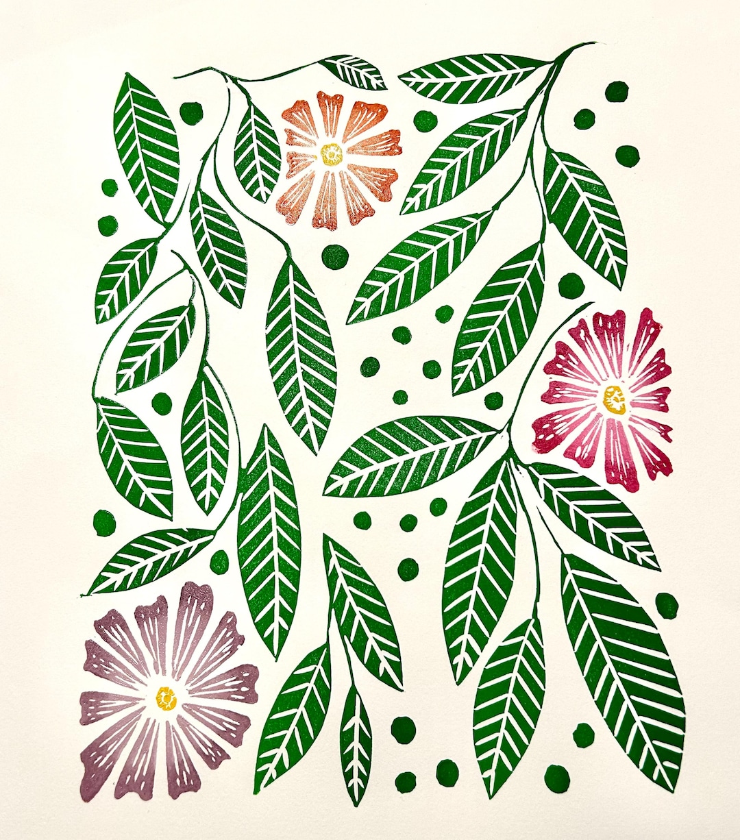 NEW Linocut Print | Leaves and Flowers | Handmade Original Art ...