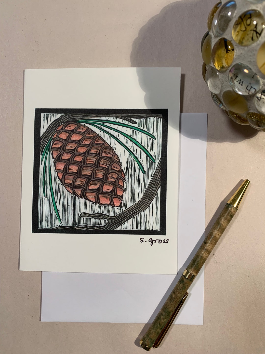 Notecard Pine Cone Blank Cards Block Printmaking Cards Artist Made ...
