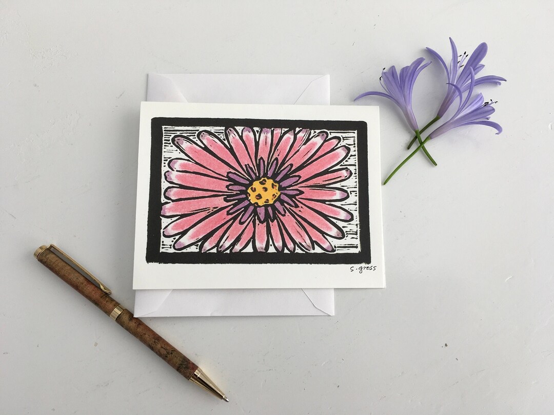 Notecard | Pink Flower | Blank Cards | Original Block Printed Design - Etsy