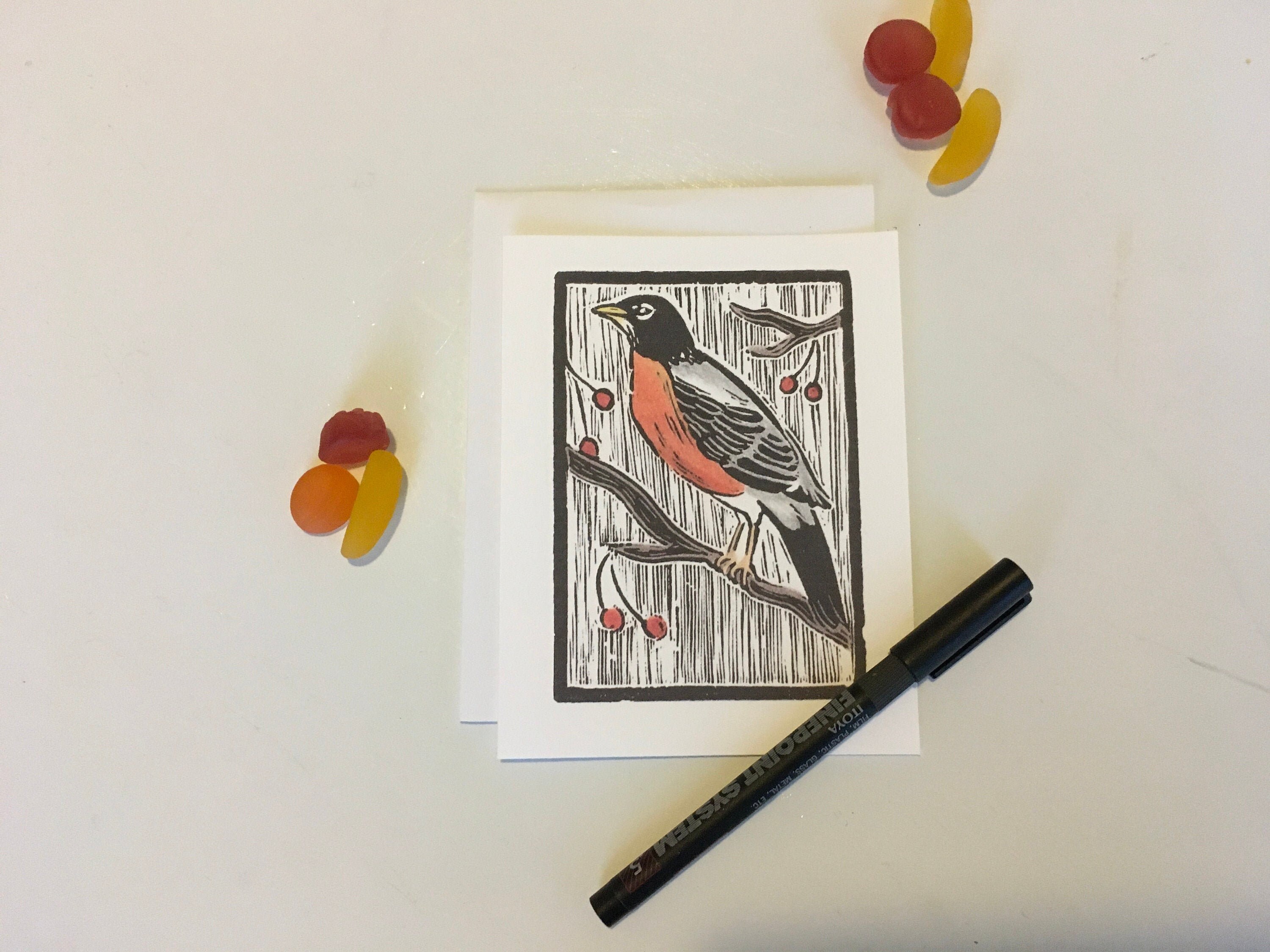 Notecard Robin Blank Cards Block Printed Cards - Etsy