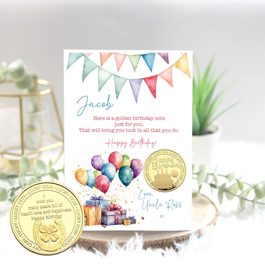 Personalised Birthday Card With Gold Coin, Medal, Token Gift, Balloons ...