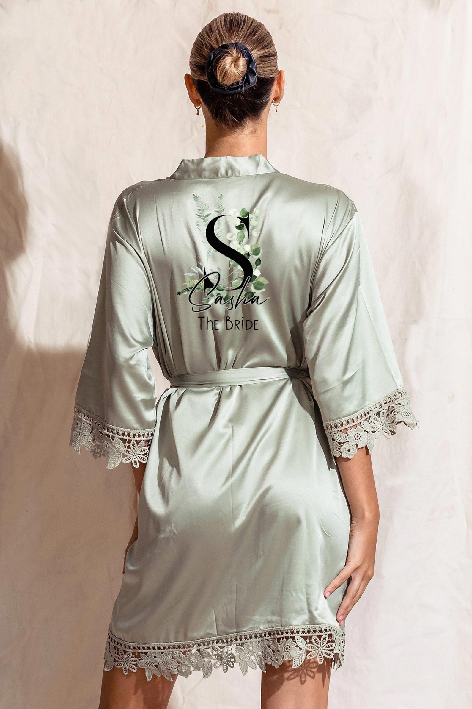 Personalised Lace Bridal Party Wedding Satin Silk Robe Sage - Etsy