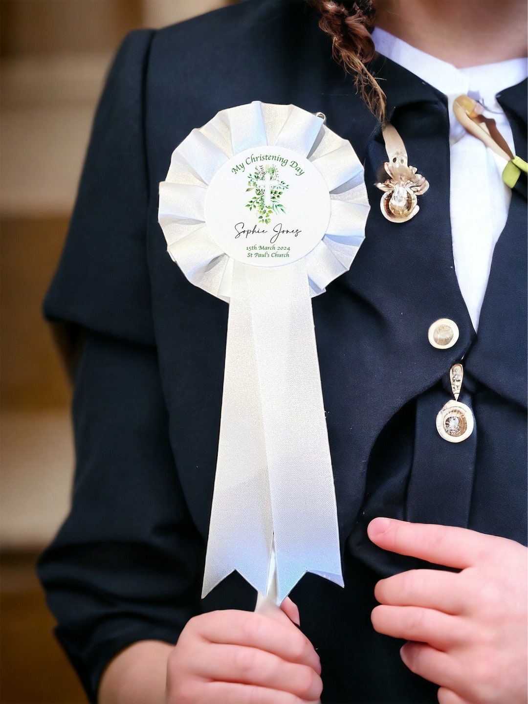 Personalised White Rosette Badge Award, Botanical Cross Christening Day ...