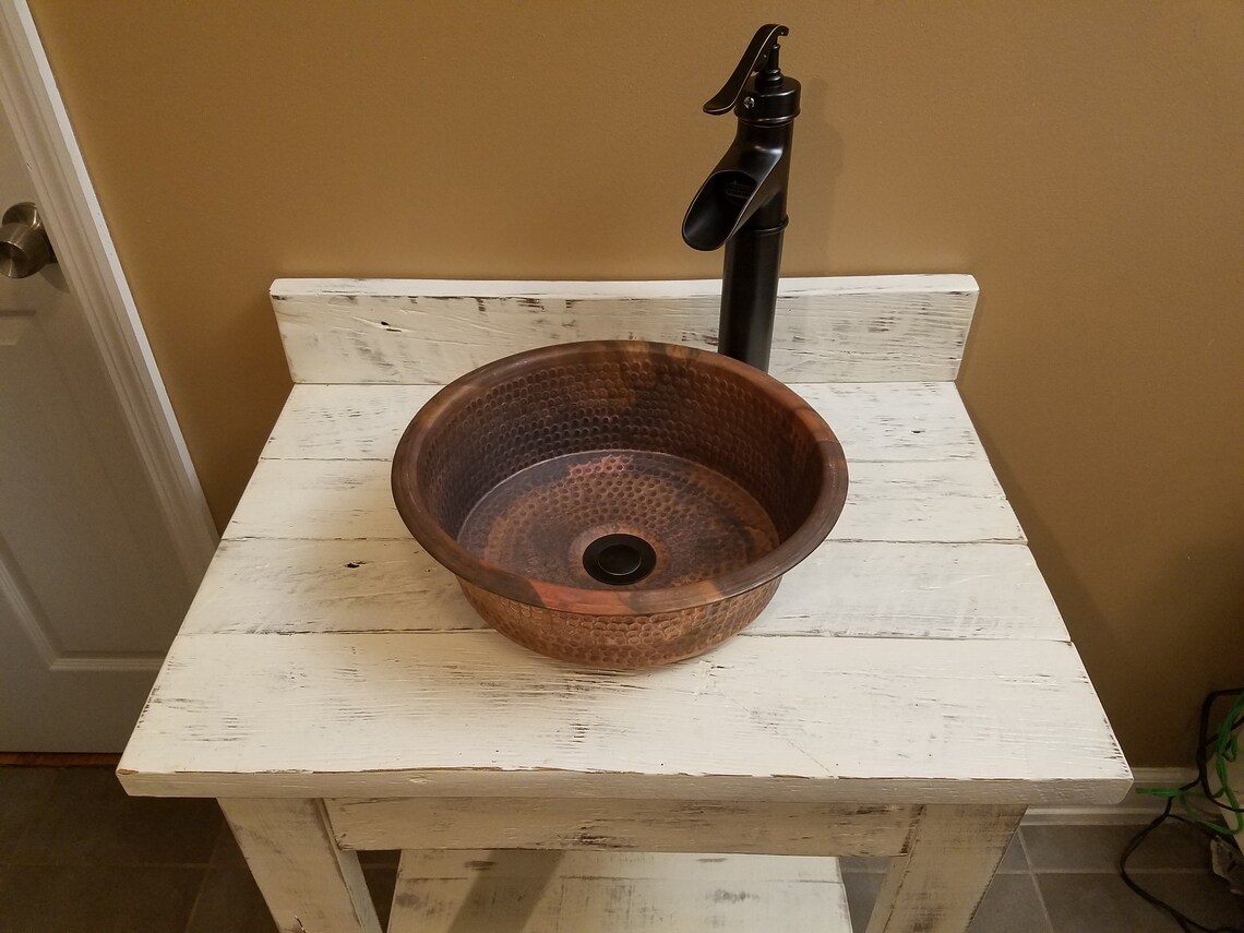 Whitewashed Barn Wood Mini Vanity: Copper Sink, Bronze Faucet (up to 24 ...
