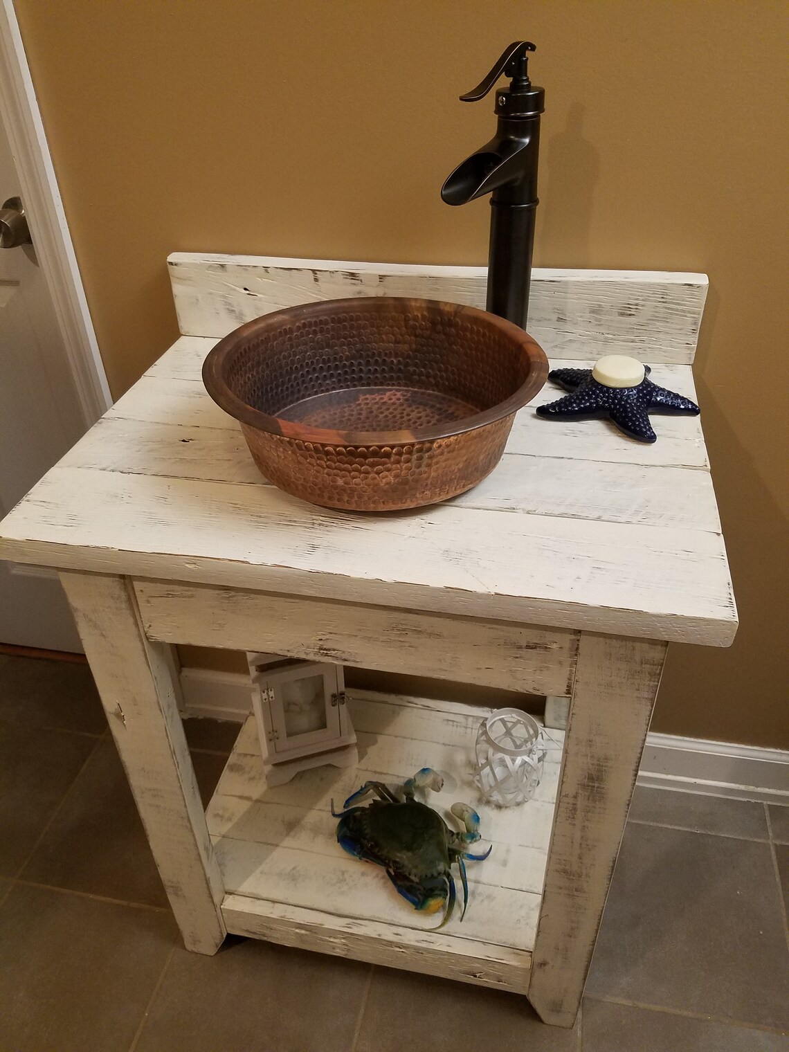 Whitewashed Barn Wood Mini Vanity: Copper Sink, Bronze Faucet (up to 24 ...